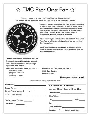 Fillable Online TMC Patch Order Form Clements HS Band Fax Email Print