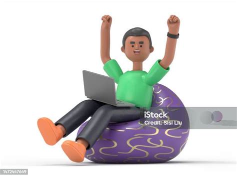 분홍색 스웨터를 입은 잘생긴 아프리카 남자 데이비드가 가방 의자에 앉아 노트북 Pc 컴퓨터에서 작업을 마치고 작업을 완료3d 파란색 배경에 렌더링하는 3d 그림 가방에 대한