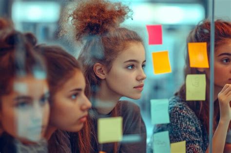 Teens Collaborate And Brainstorm With Sticky Notes Working Together As A Team For Their Project