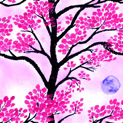 Moon And Sakura Tree Pattern Watercolor Illustration · Creative Fabrica
