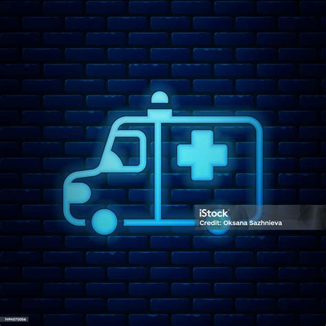 벽돌 벽 배경에 고립 된 빛나는 네온 구급차와 비상 자동차 아이콘 구급차 차량 의료 대피 벡터 1위에 대한 스톡 벡터 아트 및 기타 이미지 Istock