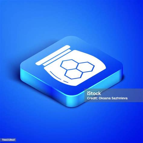 파란색 배경에 격리 된 꿀 아이콘의 등각 측정 항아리 푸드 뱅크 달콤한 자연 식품 기호입니다 파란색 사각형 버튼입니다 벡터 일러스트레이션 0명에 대한 스톡 벡터 아트 및