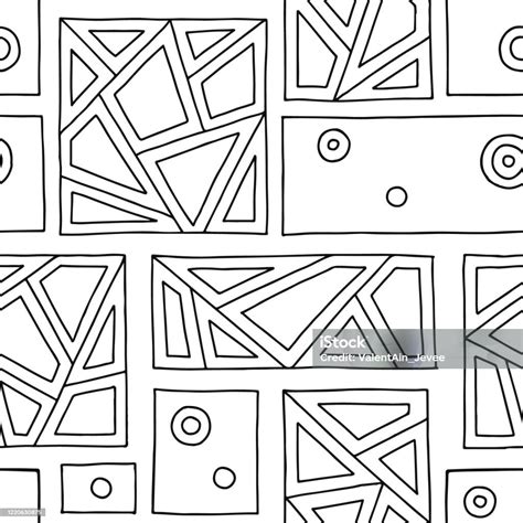 원활한 벡터 패턴 사각형 사각형 삼각형 점으로 그려진 흑백 기하학적 손 벽지 포장 포장 직물 인쇄 라인 드로잉 그래픽 디자인