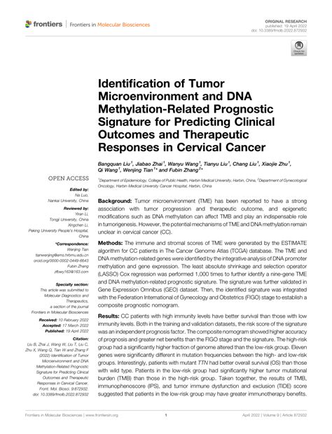 Pdf Identification Of Tumor Microenvironment And Dna Methylation Related Prognostic Signature