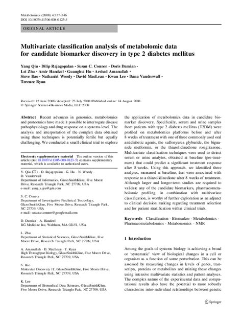 Pdf Multivariate Classification Analysis Of Metabolomic Data For Candidate Biomarker Discovery