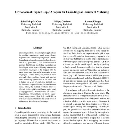 Orthonormal Explicit Topic Analysis For Cross Lingual Document Matching Acl Anthology