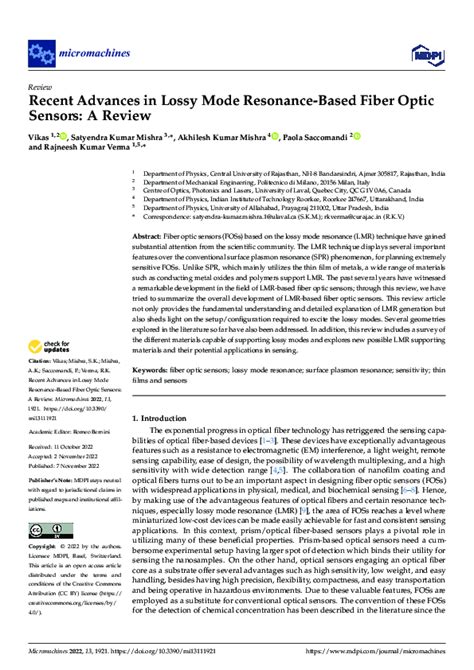 Pdf Recent Advances In Lossy Mode Resonance Based Fiber Optic Sensors A Review
