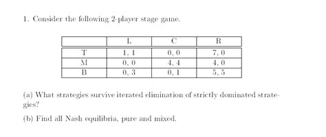 Solved 1 Consider The Following 2 Player Stage Game A