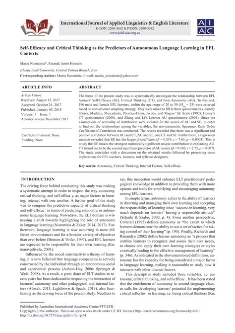Pdf Self Efficacy And Critical Thinking As The Predictors Of