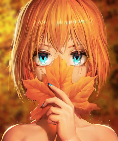 Safebooru 1girl Absurdres Aqua Eyes Aqua Nails Autumn Autumn Leaves