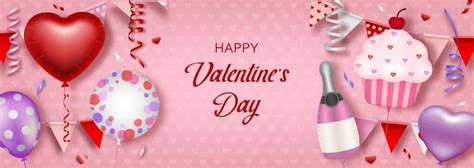 풍선 깃발 색종이 조각이 있는 발렌타인 데이 배너 프리미엄 벡터