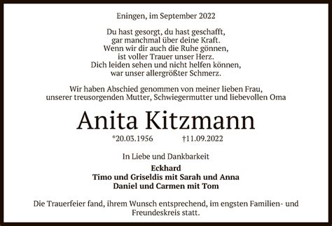 Traueranzeigen Von Anita Kitzmann Trauer Gea De