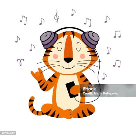 귀여운 만화 줄무늬 빨간 호랑이 타이거는 헤드폰으로 음악을 듣고 있다 어린이 용 티셔츠 인사말 카드 포스터 인쇄 흰색으로 격리된