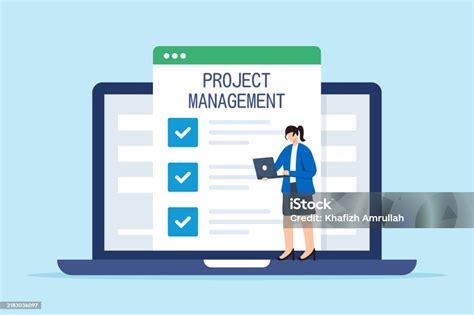 노트북 화면에 있는 프로젝트 관리 소프트웨어 또는 웹사이트의 여성 프리랜서 업데이트 비즈니스 체크리스트의 평면 일러스트레이션 가상현실에 대한 스톡 벡터 아트 및 기타 이미지