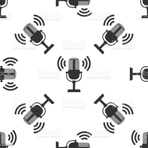 흰색 바탕에 마이크 격리 아이콘 완벽 한 패턴입니다 에 공기 라디오 마이크 마이크 스피커 기호입니다 평면 디자인입니다 벡터 일러스트 레이 션 Live Event에 대한 스톡