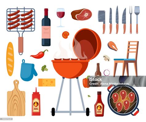 바베큐 장비 야외 바비큐 피크닉 요소 구운 소시지 고기 야채 음료 및 여름 그릴 파티를 위한 음식 요리 도구와 고기 벡터 일러스트 레이 션입니다 고기에 대한 스톡 벡터 아트