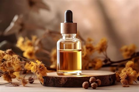 Premium Ai Image Amber Bottle With Dropper On Wooden Disks Featuring