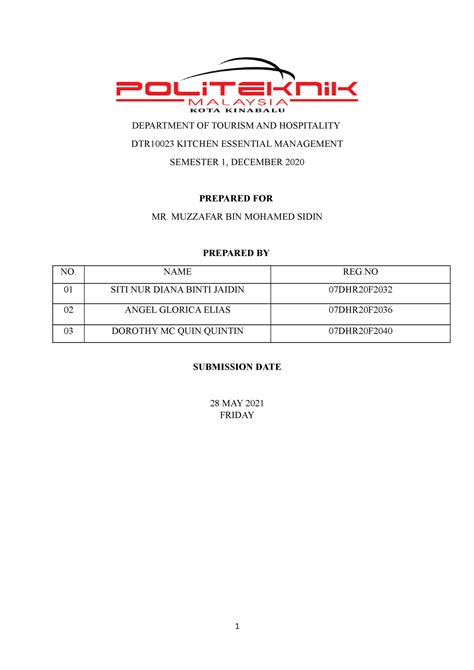Written Assignments K Assignment Sem4 Department Of Tourism And Hospitality Dtr10023 Kitchen