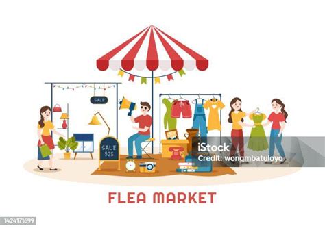 벼룩 시장 템플릿 손으로 그린 만화 플랫 일러스트 레이 션 쇼핑객 스왑 만남 주말에 판매자 및 고객과 함께 두 번째 손 가게