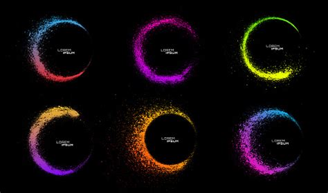 그런지 서클 텍스처 효과 세트 거친 모양 장식입니다 생생한 색상의 추상적인 프레임 검은 배경에 화려하게 분리되어 있습니다 그래픽