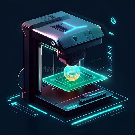 Modern 3d Printer Creating A Glowing Spherical Object In A Futuristic Setting Stock Illustration