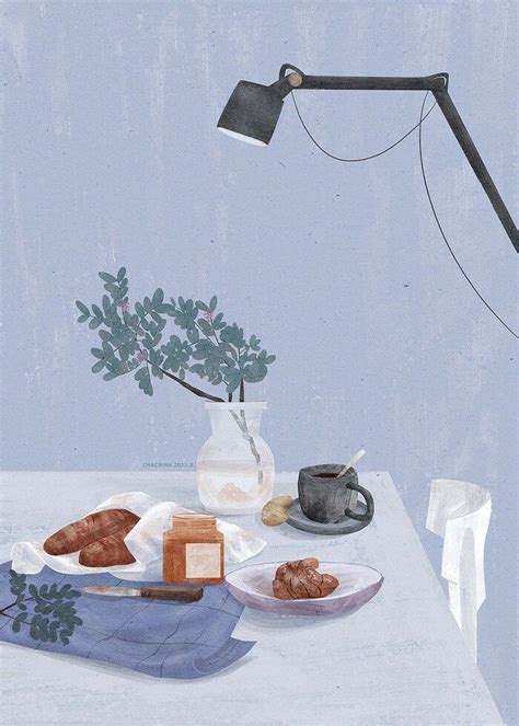 Картина с едой и лампой на столе