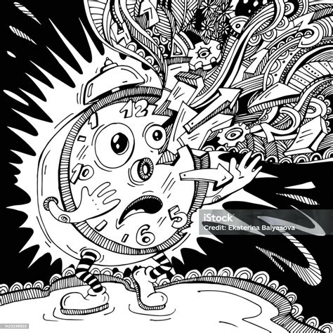 알람 시계와 시간의 그래픽 일러스트레이션 애니메이션 시계가있는 만화 그리기 Moment Of Silence에 대한 스톡 벡터 아트 및 기타 이미지 Moment Of