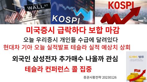 증권시황전략1월26일 미국증시 초반급락 마감은 보합 테슬라 실적 예상치 상회 오늘 우리증시 개인들 수급에 달려있다 현대차 기아