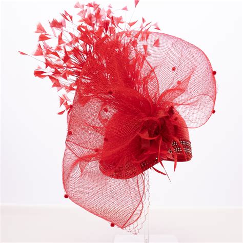 Red Variety Feather And Puff Crinoline Bow On Satin Cloche Base Kakyco