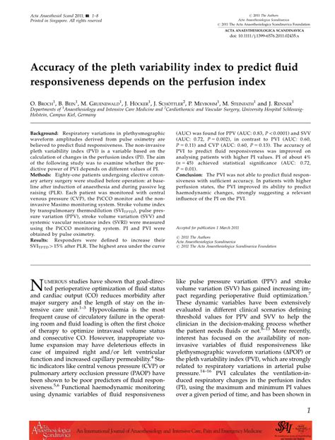 PDF Accuracy Of The Pleth Variability Index To Predict Fluid Responsiveness Depends On The