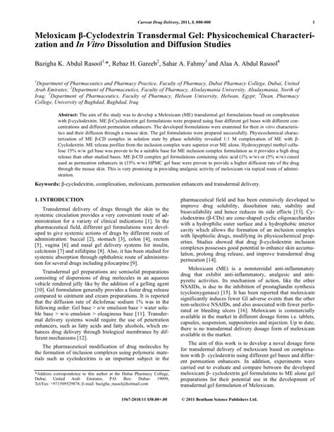 Pdf Meloxicam β Cyclodextrin Transdermal Gel Physicochemical Characterization And In Vitro