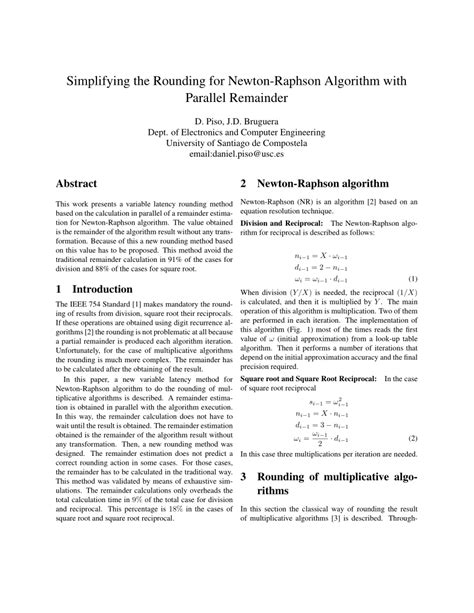 Pdf Simplifying The Rounding For Newton Raphson Algorithm With Parallel Remainder