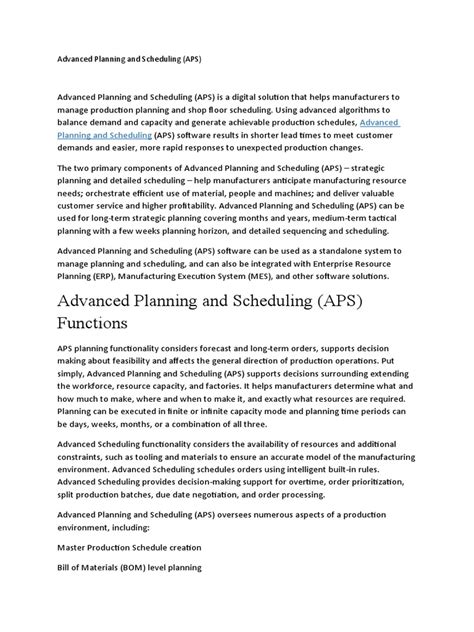 Advanced Planning And Scheduling Pdf Scheduling Production