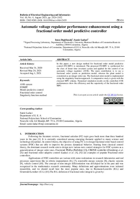 Pdf Automatic Voltage Regulator Performance Enhancement Using A Fractional Order Model