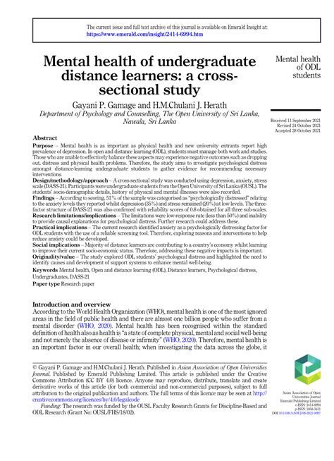 Pdf Mental Health Of Undergraduate Distance Learners A Cross