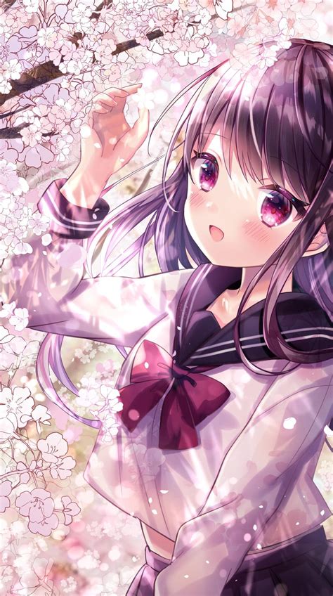 Обои обои цветение сакуры симпатичная девушка из аниме школьной формы 1080x1920 Iphone 6s 7 8