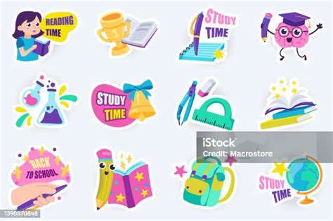 교육 귀여운 스티커는 플랫 만화 디자인으로 설정 책 우승 컵 학습 시간 화학 문구류 배낭 및 기타와 함께 학생 묶음 플래너 또는 조직자 템플릿에 대한 벡터 일러스트 레이 션