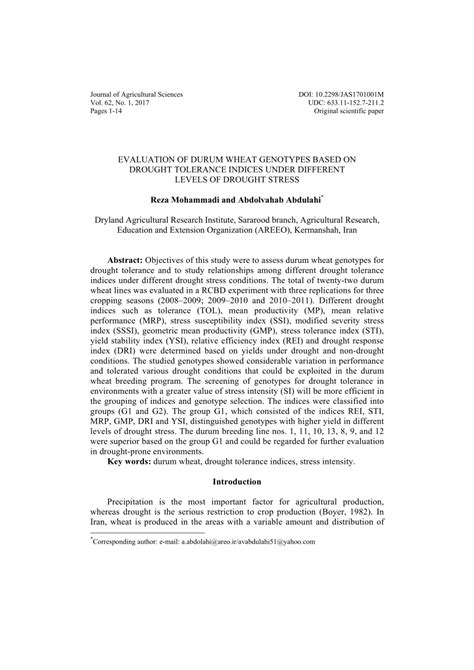 Pdf Evaluation Of Durum Wheat Genotypes Based On Drought Tolerance