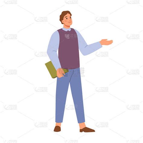 男人站在那里手指手画脚演示促销和广告概念男性与文件夹指向 介绍产品与手势 卡通人物表演或宣布