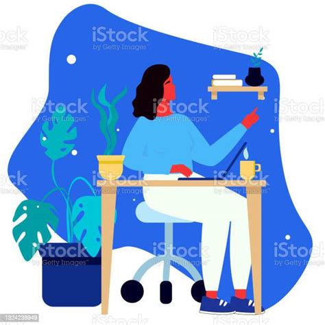 젊은 여성 프리랜서는 아파트에서 원격으로 작동합니다 책상에 앉아 있는 사업가가 노트북 컴퓨터에서 일하고 있습니다 플랫 스타일의 벡터 일러스트레이션 여자 사업가에 대한 스톡