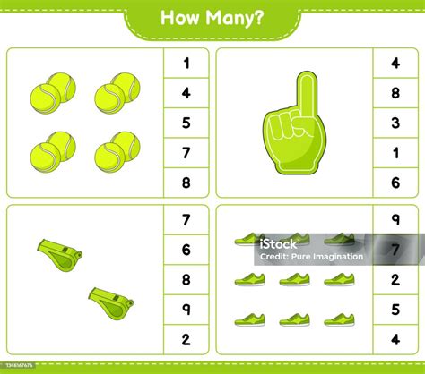 계산 게임 얼마나 많은 거품 손가락 휘파람 테니스 공 그리고 운동화 교육 어린이 게임 인쇄 워크 시트 벡터 일러스트레이션 0명에 대한 스톡 벡터 아트 및 기타 이미지