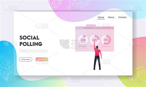 投票，总统选举登陆页面模板。微小的选民字符在巨大的互联网页面与统计图表学习社会投票的结果。网上投票。