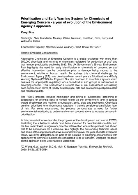 Pdf Prioritisation And Early Warning System For Chemicals Of Emerging Concern A Year Of