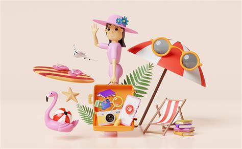 주황색 여행 가방 해변 의자 서핑 보드 우산 풍선 플라밍고 손바닥 카메라 확대 분홍색 배경에 격리된 샌들 개념 3d 그림 또는 3d 렌더링을 들고 있는 여성과 함께 여름