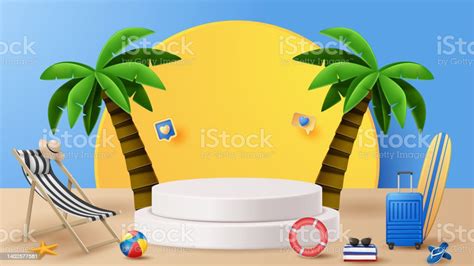 해변 장식품이있는 여름 전시 연단 장식 배경 벡터 3d 일러스트 레이 션 강단에 대한 스톡 벡터 아트 및 기타 이미지 강단 녹색 생활필수품 Istock