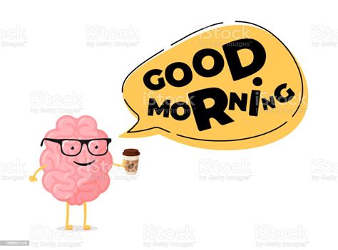 좋은 아침 배너 개념 만화 스마트 미소 인간의 뇌 캐릭터는 컵 커피를 보유하고 있습니다 중추 신경계 기관은 재미있는 포스터를 깨워 벡터 일러스트레이션 잠자기에 대한 스톡