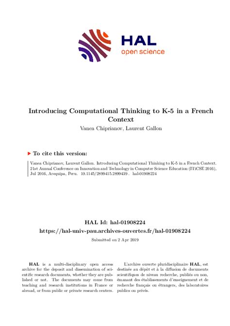 Pdf Introducing Computational Thinking To K 5 In A French Context