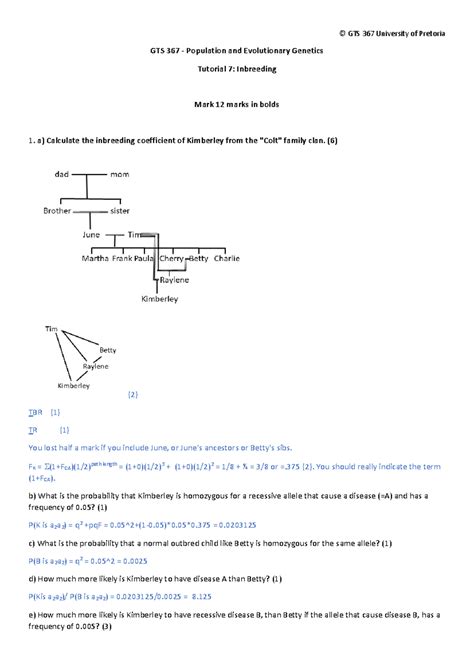 GTS 367 TUTORIAL 7 MEMO GTS 367 University Of Pretoria GTS 367 Population And Evolutionary