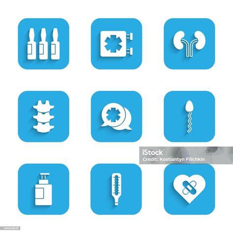 의사와의 대화 의료용 체온계 치유된 상심 정자 손 소독제 병 인간의 척추 신장 및 약병 앰플 아이콘을 설정합니다 벡터 Brand Name Online Messaging