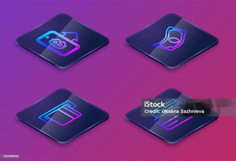 아이소메트릭 라인 설정 모바일에서 비트코인 채굴 신용 카드 삽입 스택 지폐 현금 및 파란색 사각형 버튼입니다 벡터 0명에 대한 스톡 벡터 아트 및 기타 이미지 Istock